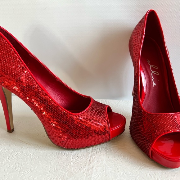 Ellie | Shoes | New Ellie Brand Red Sequin Pumps Size 9 Open Toe Peep ...